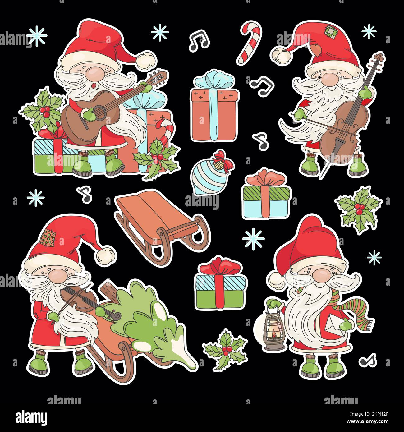 SANTA CLAUS STICKERS Cartoon Santa With Musical Instruments Christmas ...