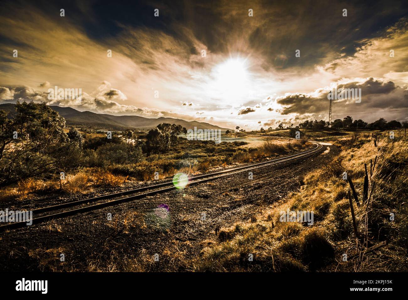 Dynamic vivid transportation landscape of a railway track curving ...