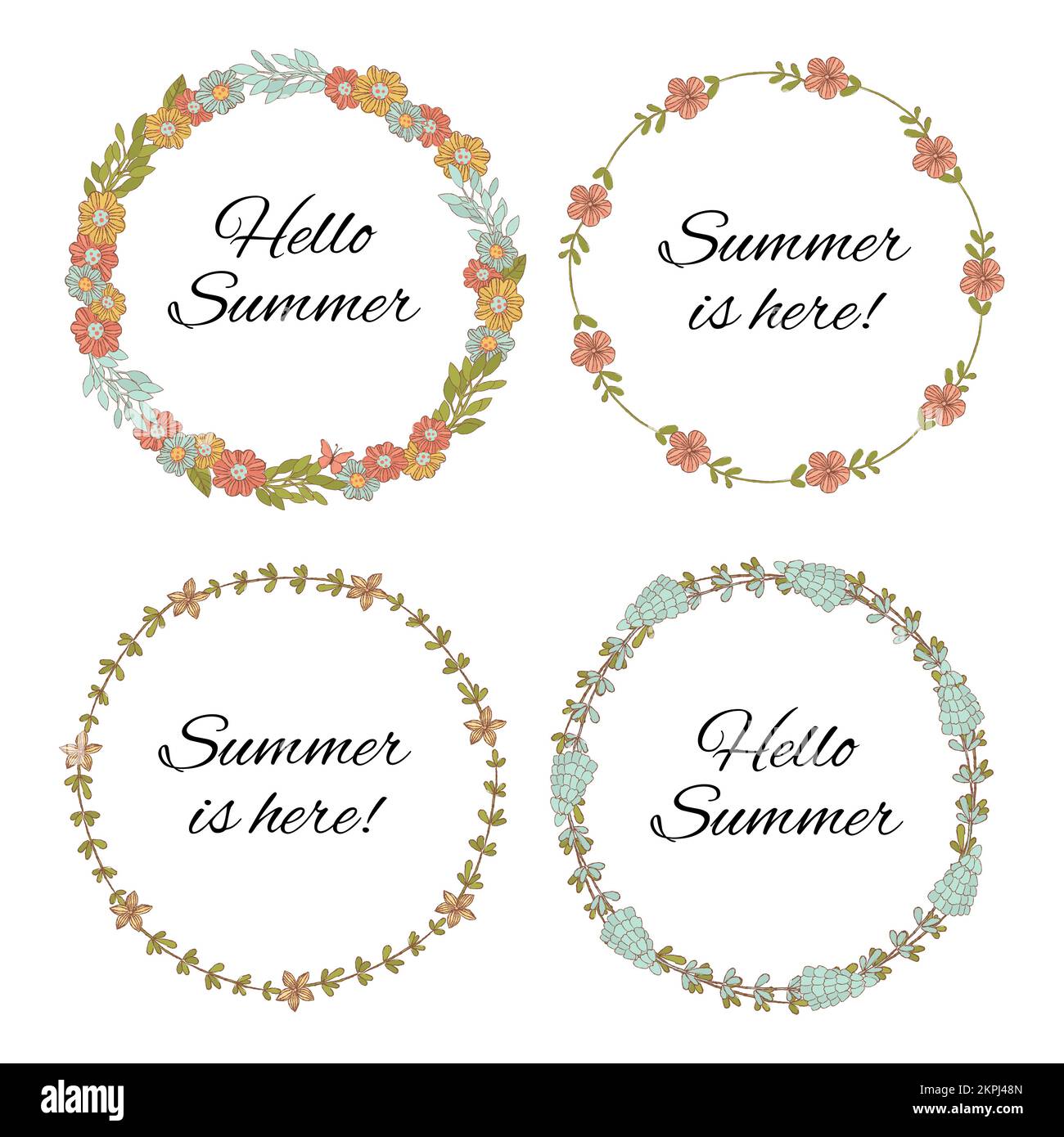 SUMMER WREATH Four Wreaths Of Wild Flowers And Garden Flowers Hand ...