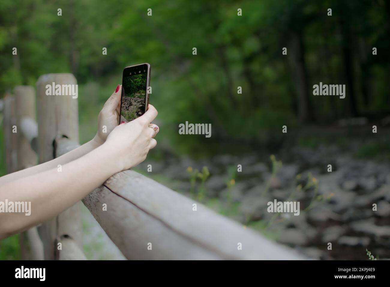 white woman's hands holding a cell phone in a park Stock Photo - Alamy