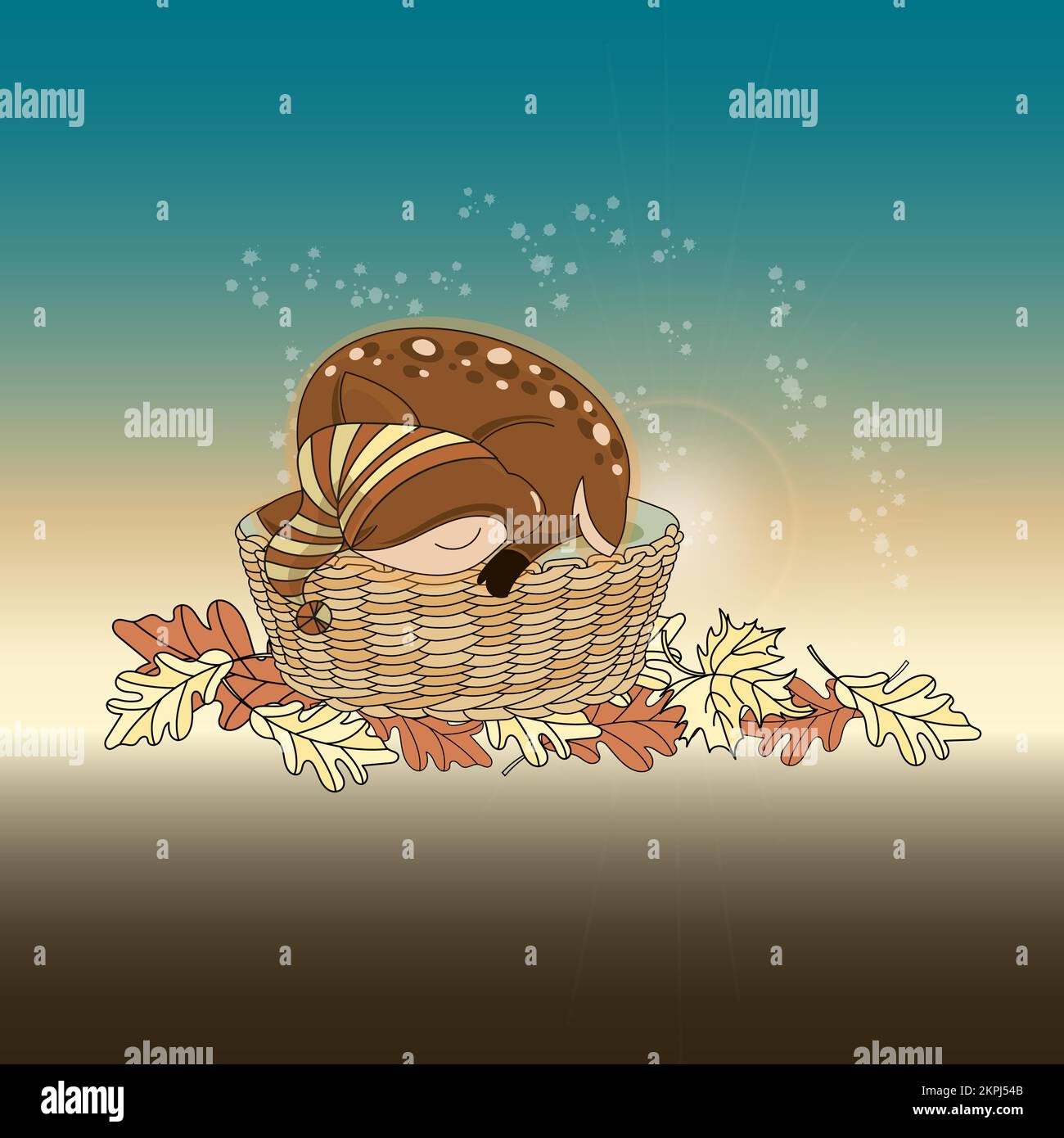 SLEEPING DEER Fawn Sleeping In A Wicker Basket Standing On Oak Leaves ...