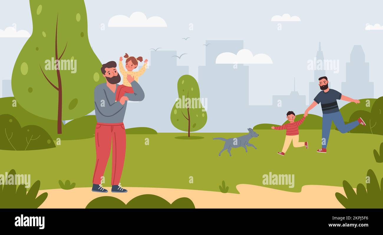 Man spend time with children. Person holding daughter on shoulder, dad ...