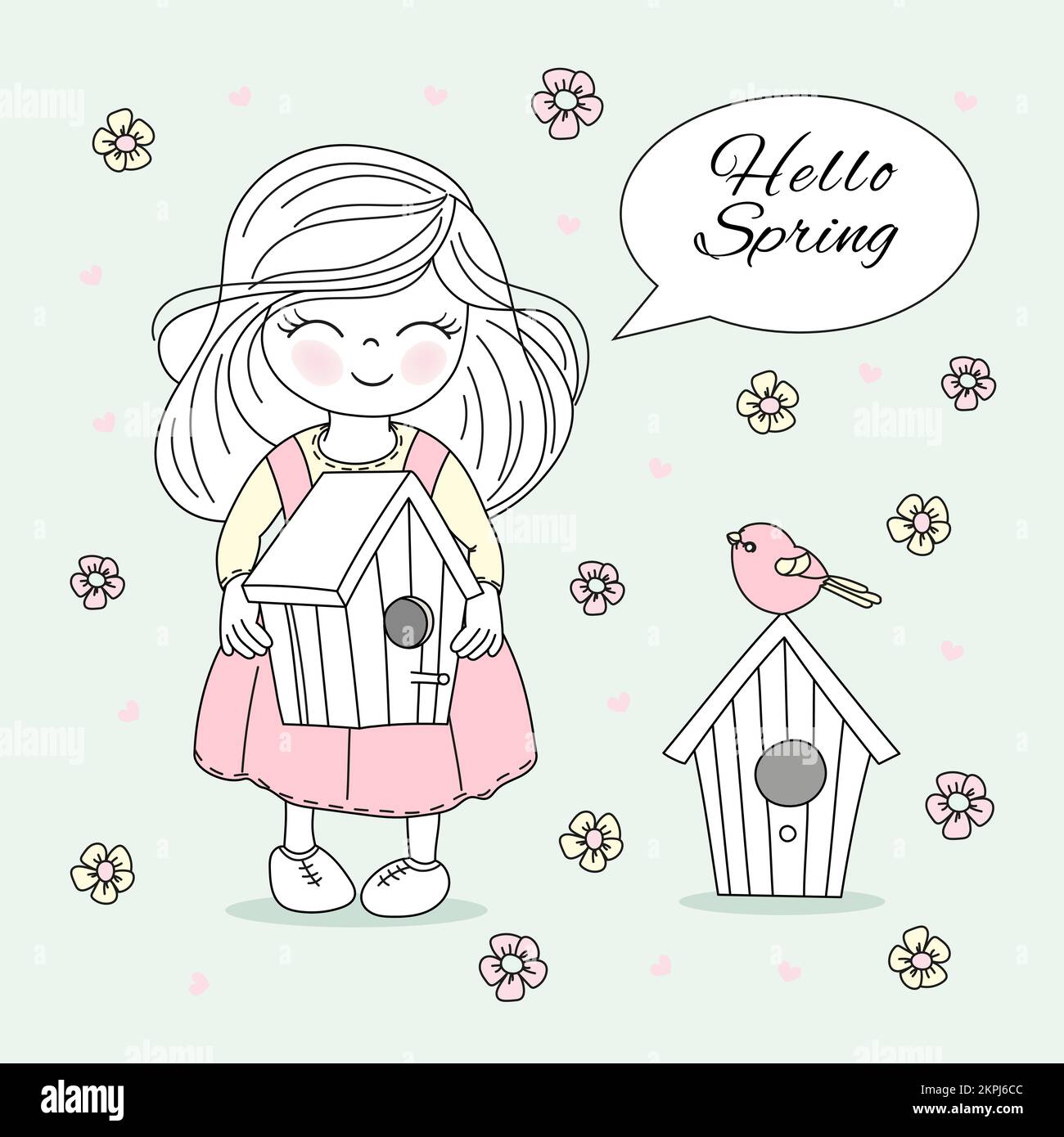 SPRING TIME Cute Long Haired Girl With Birdhouse And Bird On Light ...