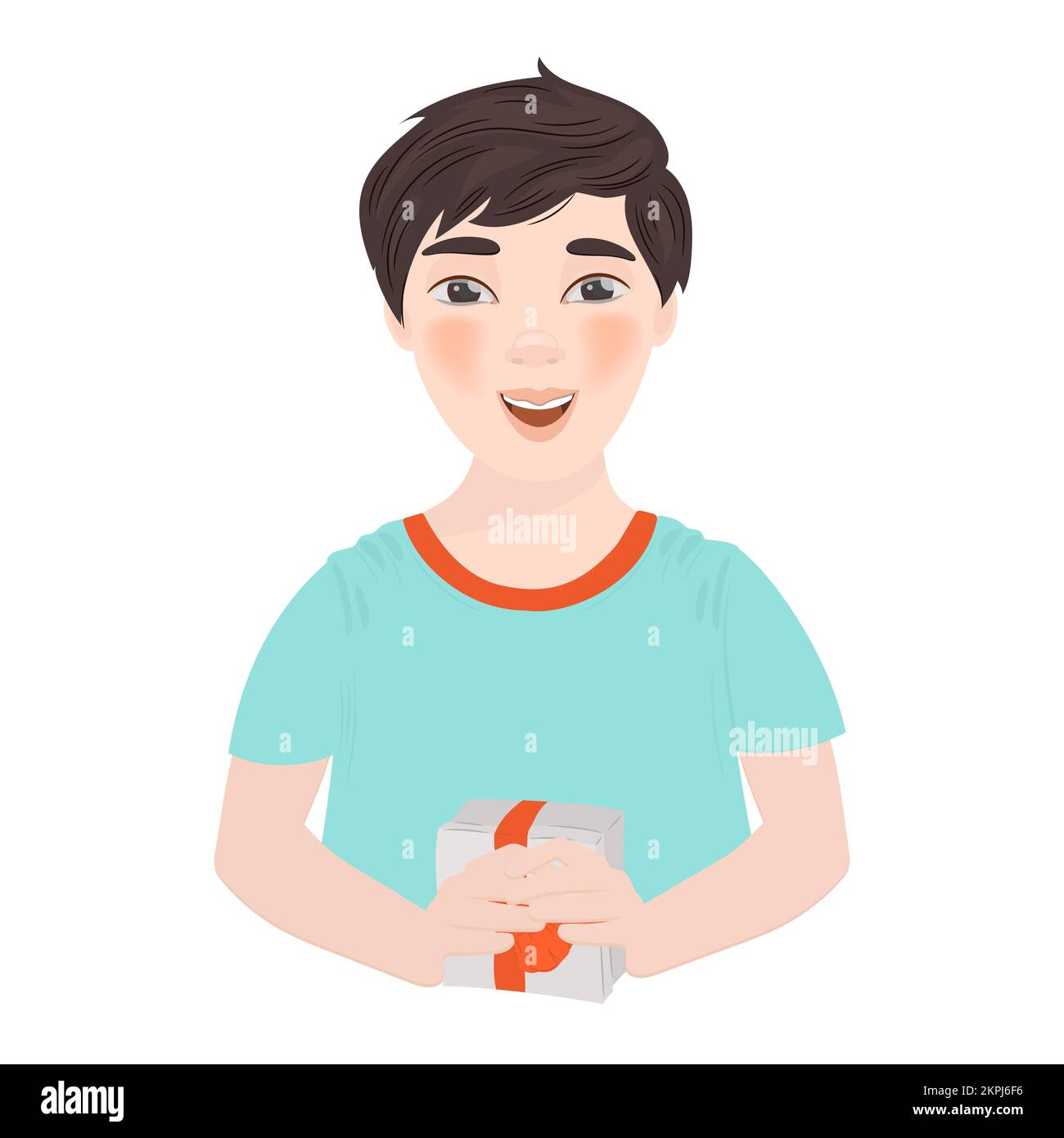 SURPRISE BOY In T-Shirt Smiling And Holding A Giftbox For His Beloved ...