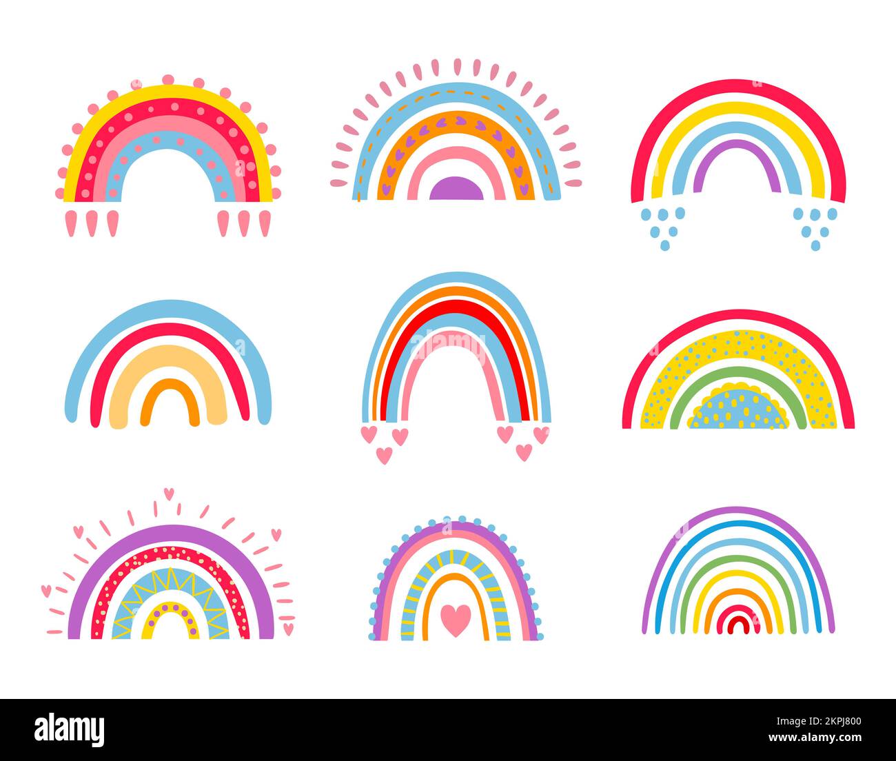 Cartoon rainbows with heart, rain drops for kids. Cute bright colorful ...