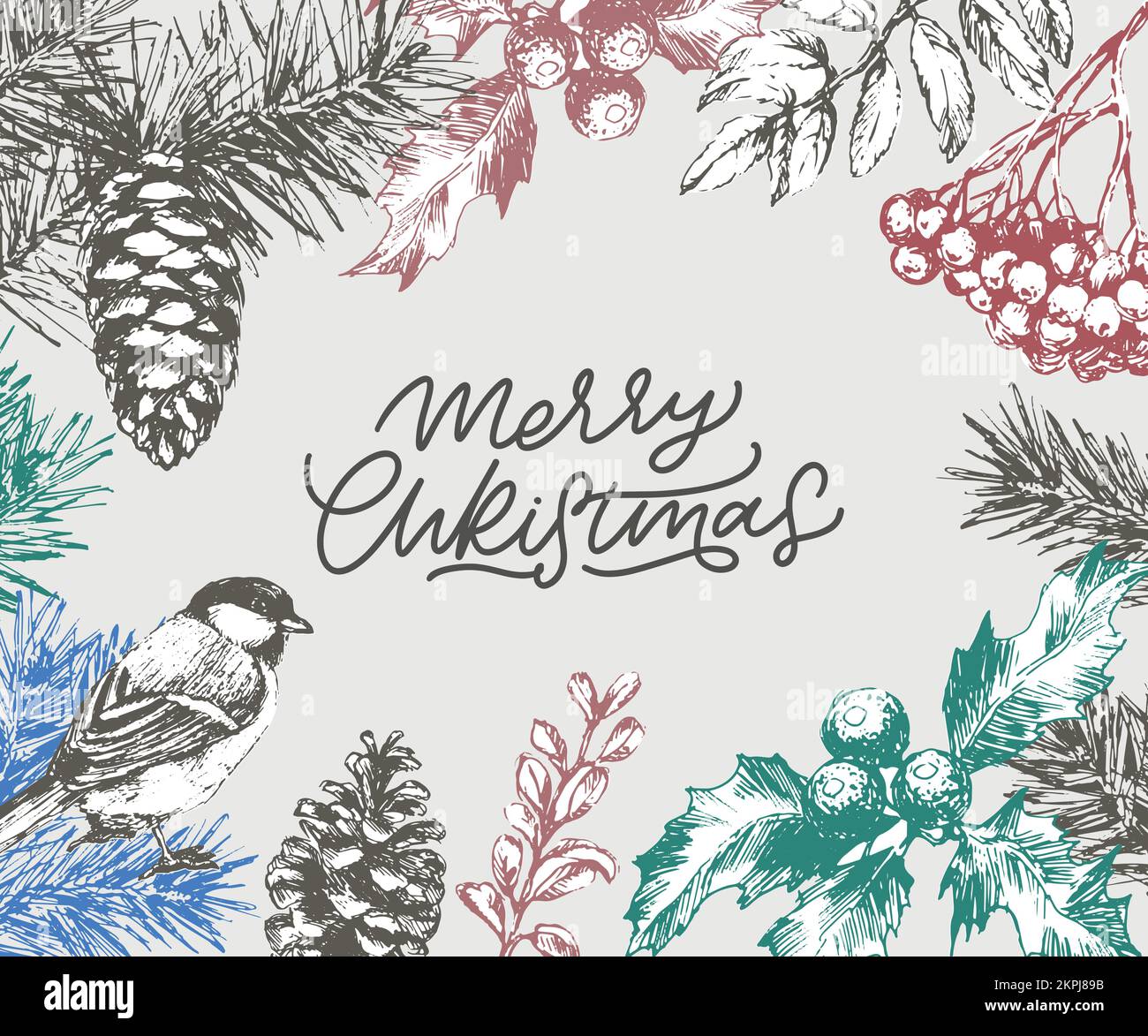 Merry Christmas and Happy New Year Abstract Botanical Card with Square ...