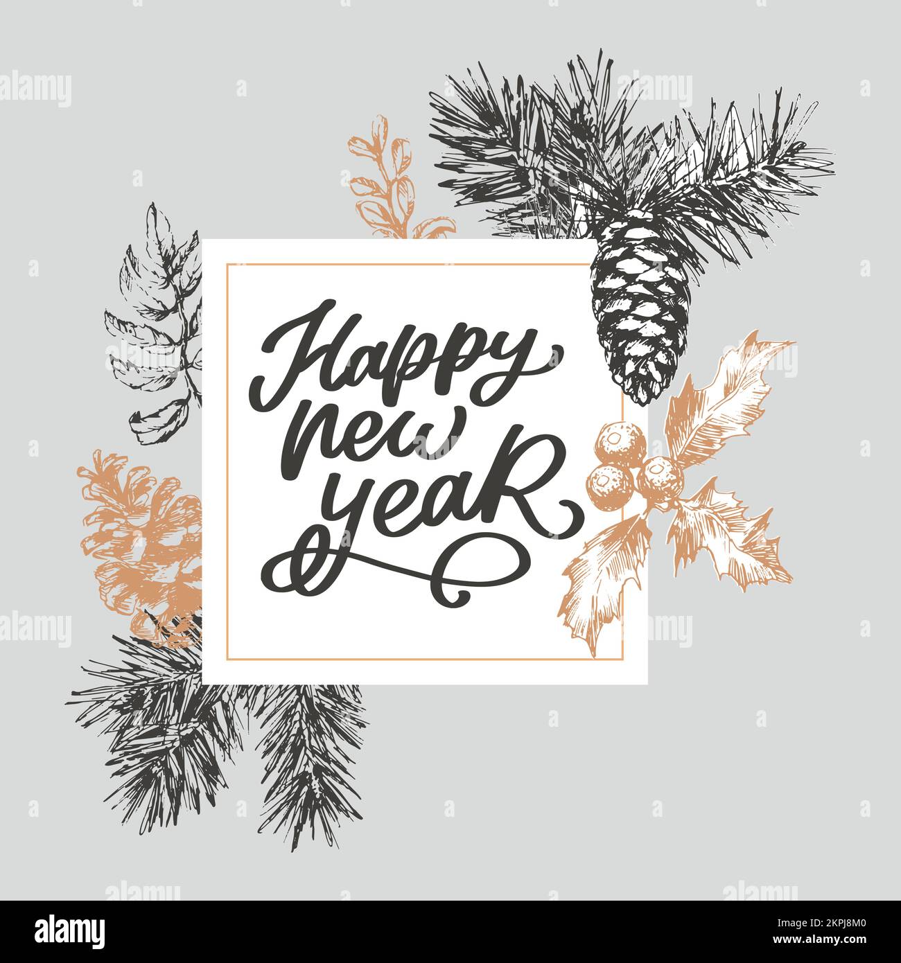 Merry Christmas and Happy New Year Abstract Botanical Card with Square ...