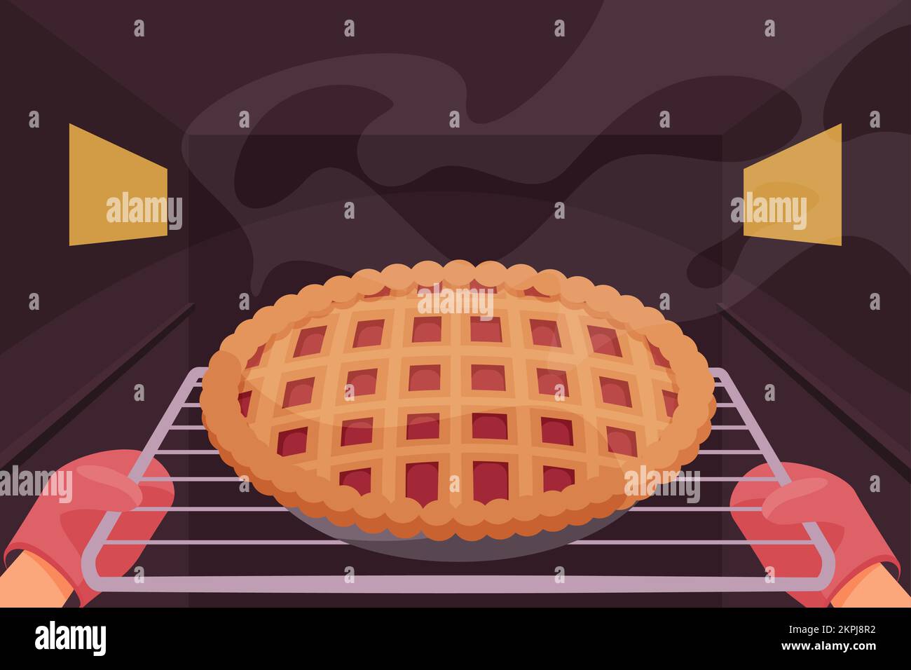 Hands in fireproof gloves pulling sweet pie with steam out oven vector illustration. Cartoon ...