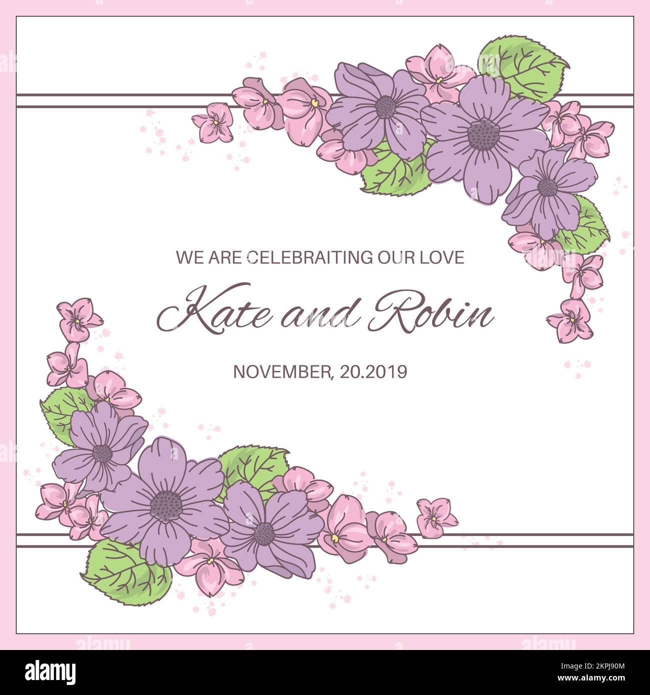 WEDDING CARD Floral Design Invitation Card With Bouquets Of Purple ...