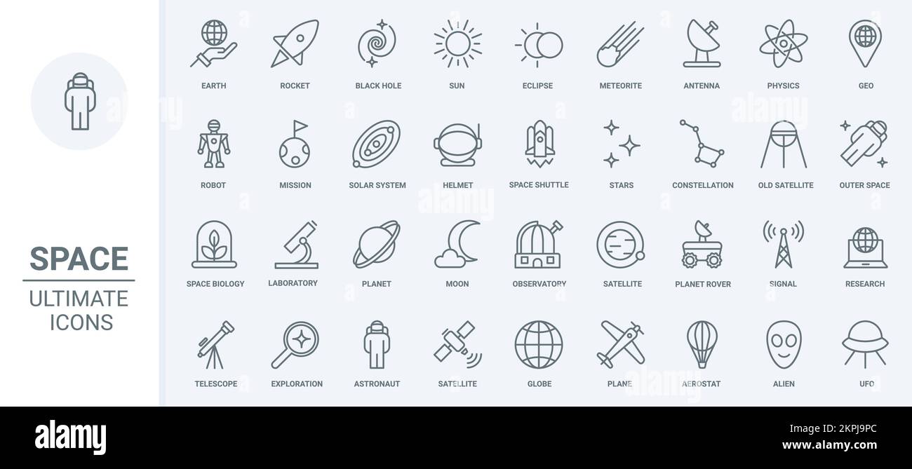 Space travel, universe research technology thin line icons set vector ...