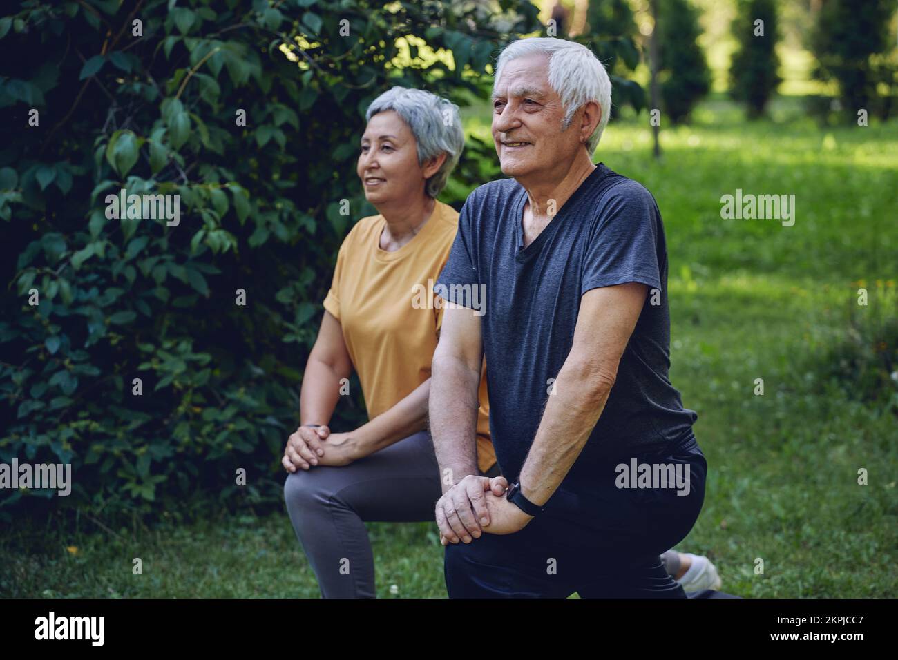 Senior spouses doing sportive exercises outdoor in summer park in the ...