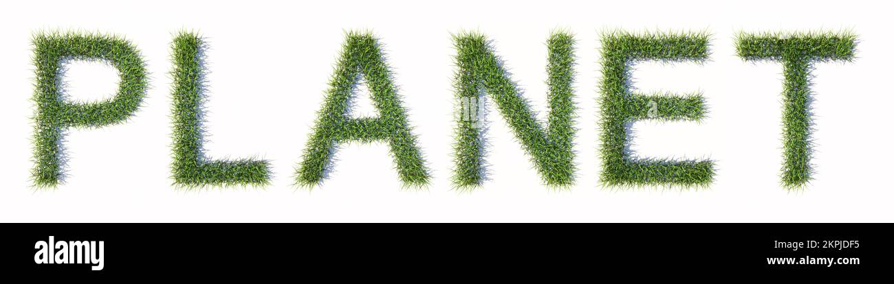 Concept or conceptual green lawn grass forming the word PLANET isolated ...
