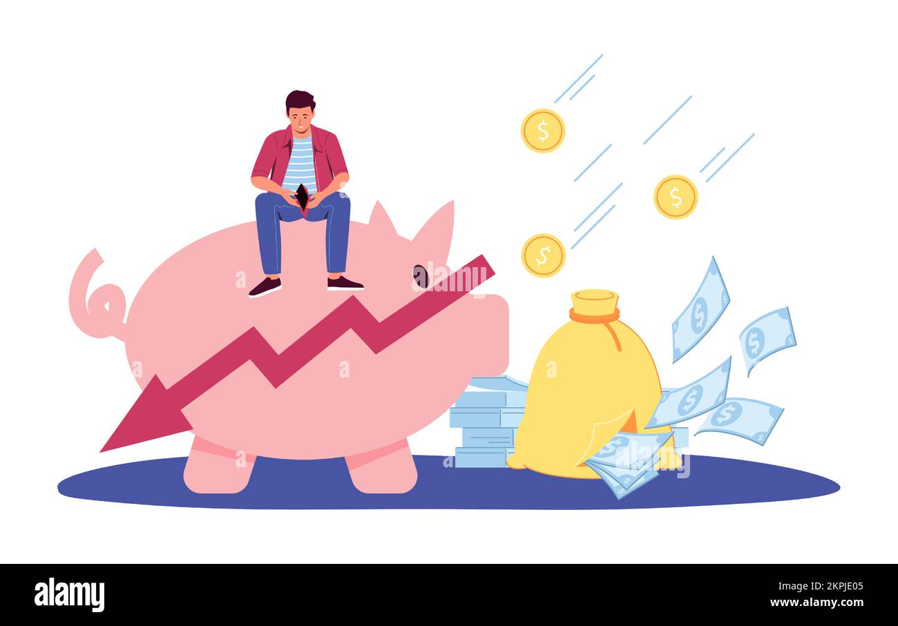 Financial crisis. Poor man sitting on piggy bank and opening empty ...