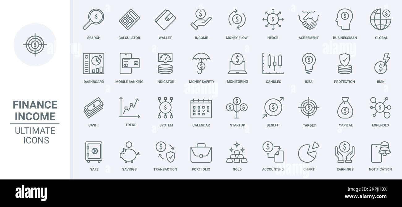 Money income and expenses, global finance thin line icons set vector ...