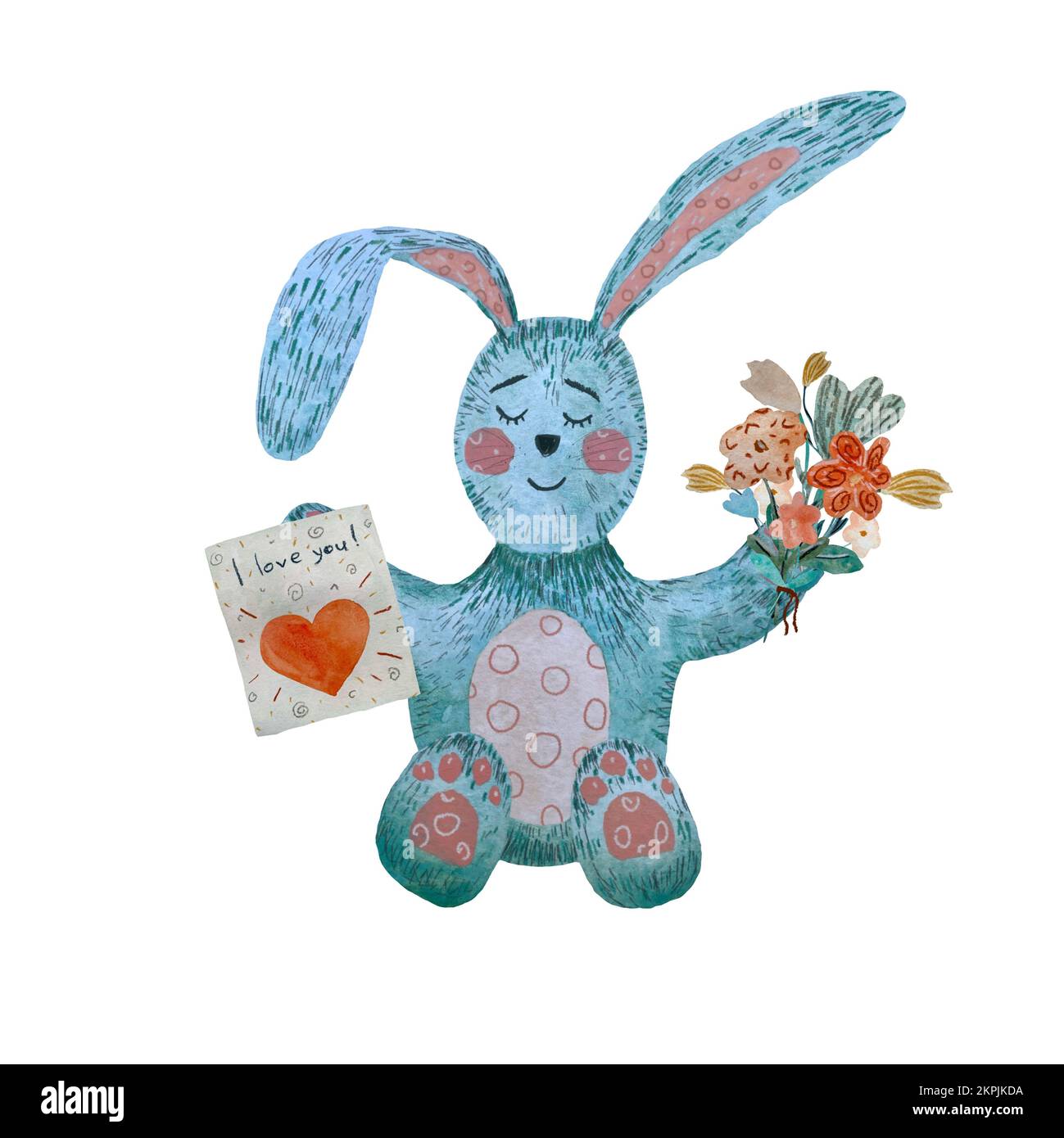 Rabbit blue flower bouquet flat texture watercolor Stock Photo - Alamy