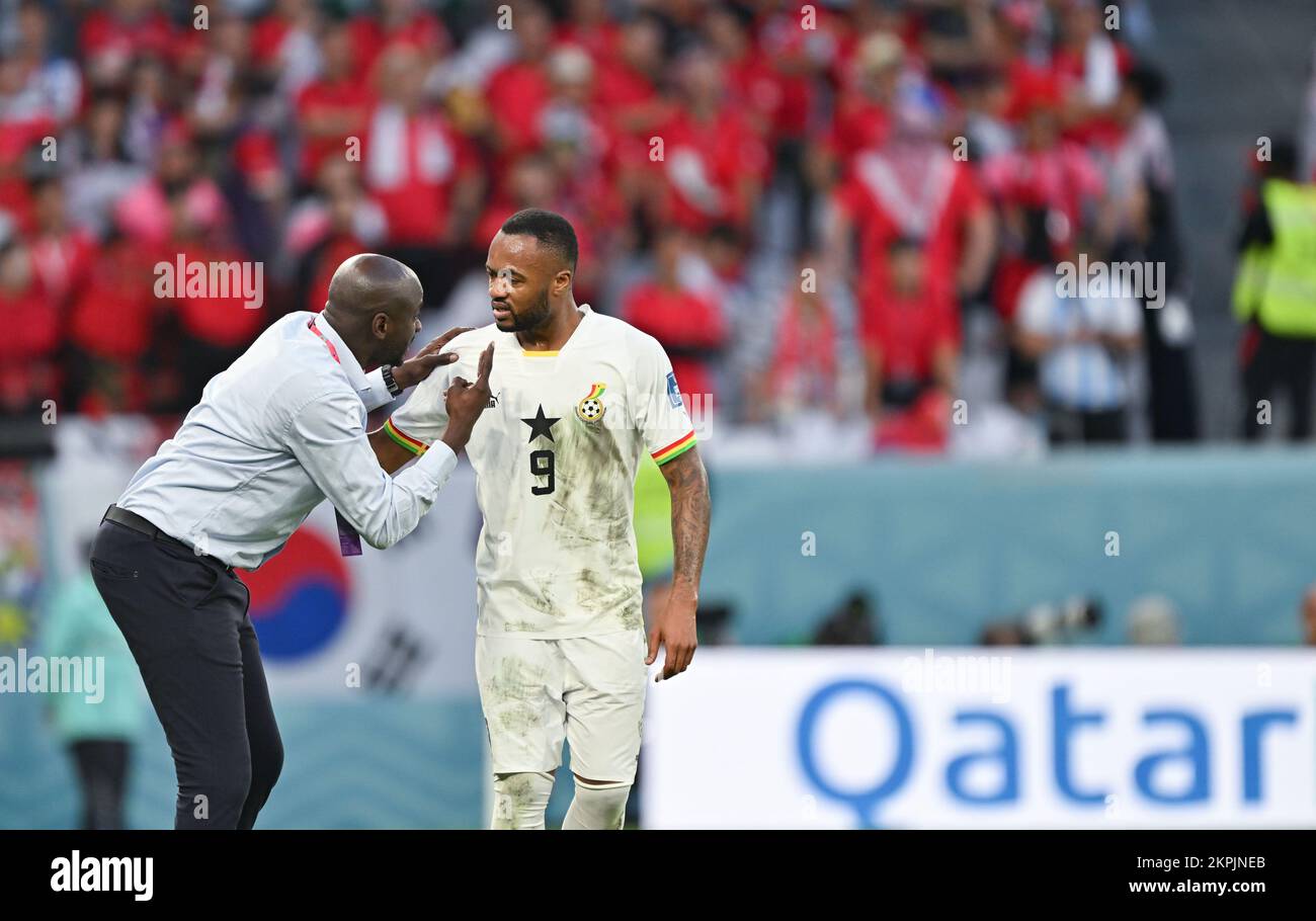 Al Rayyan, Qatar. 28th Nov, 2022. Otto Addo (L), head coach of Ghana ...