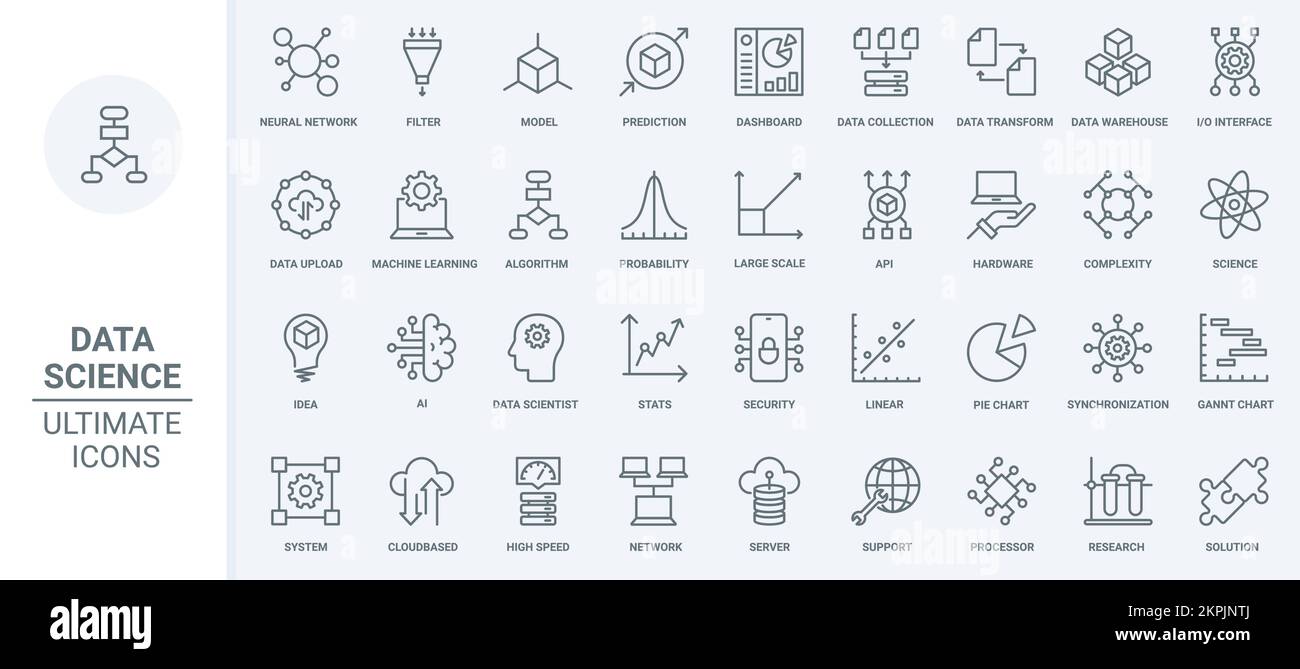 Data analysis, neural network innovation and science thin line icons set vector illustration ...