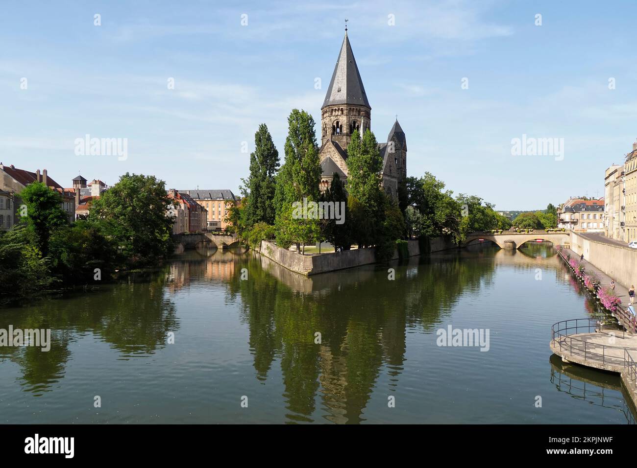 New Temple, Temple Neuf reflected on theriver Moselle, Metz, Grand Est ...