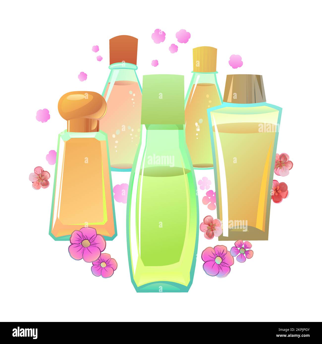 Shampoos and soaps with scent of flowers. picture in form of circle ...