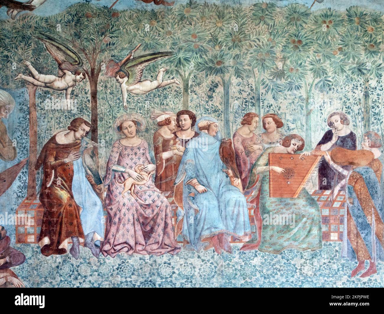 Ten young people in a vegetable garden. Medieval fresco in Camposanto ...