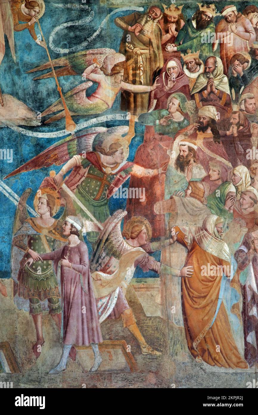 Angels reject souls to hell during the last judgement. Medieval fresco ...