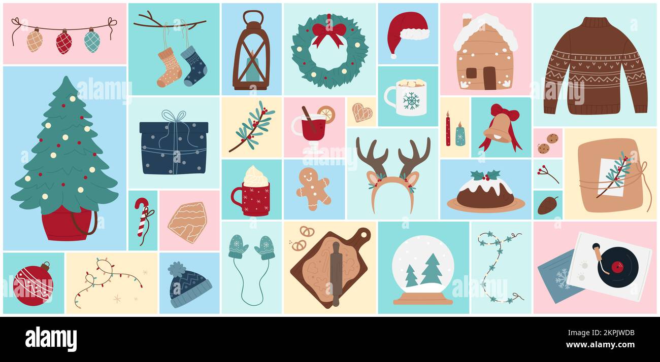 Cartoon cute winter season elements collection with gingerbread ...