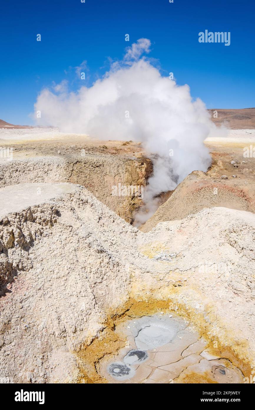 Boiling mud pool and a column of steam from a geyser in Sol de Mañana ...
