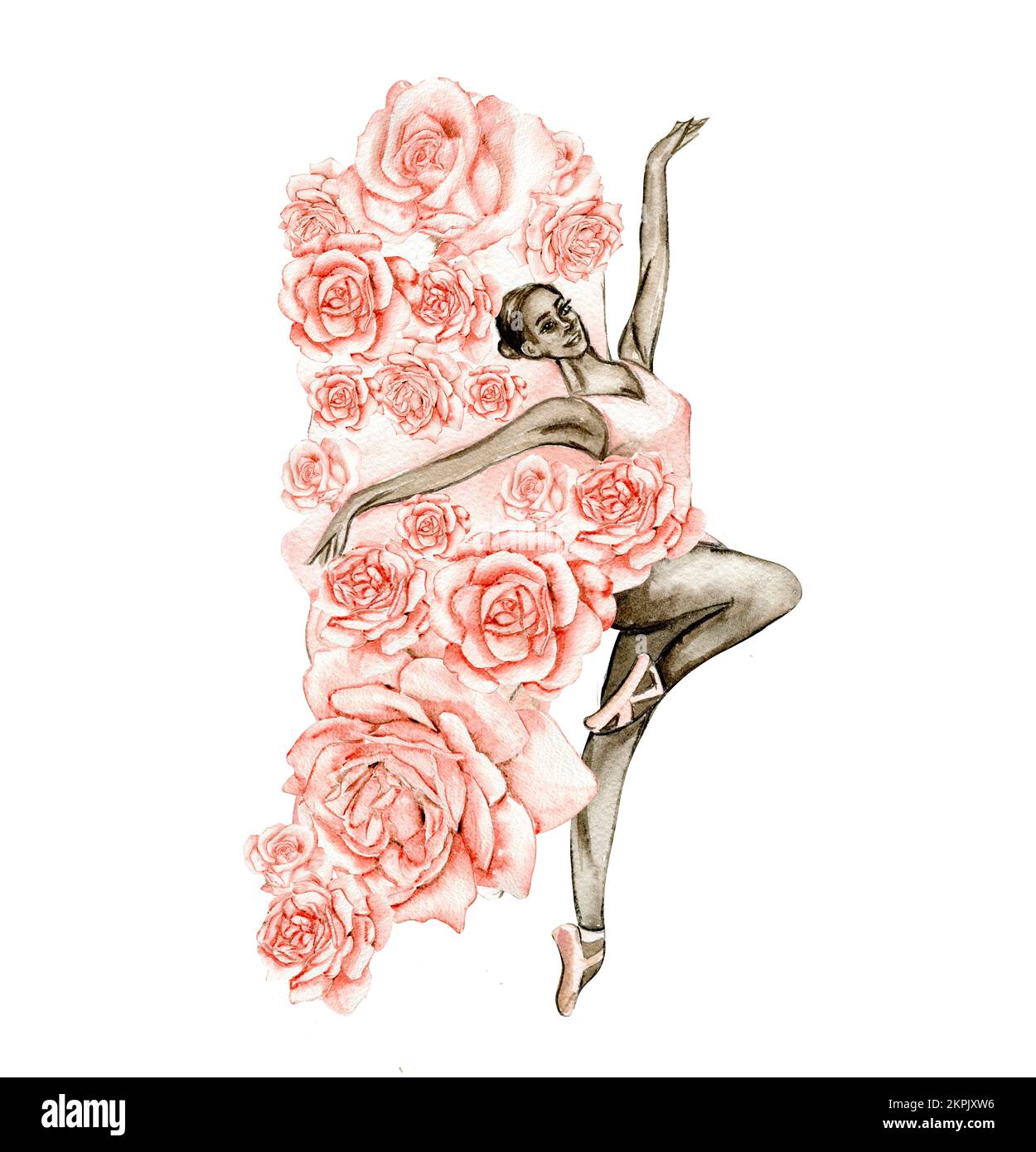 Watercolor dancing ballerina composition with flowers.Pink pretty ...