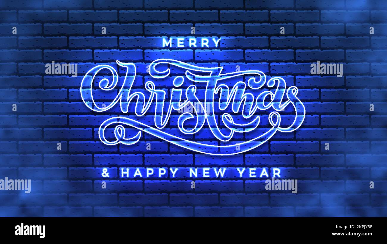 Merry Christmas Happy New Year hand lettering neon sign. Night bright ...