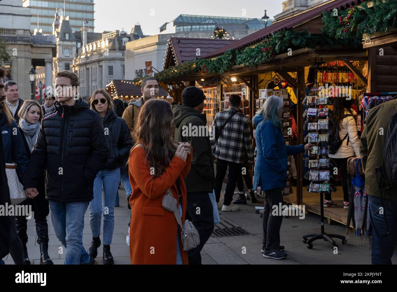 Yuletide Christmas market stalls situated on Trafalgar Square, seasonal ...