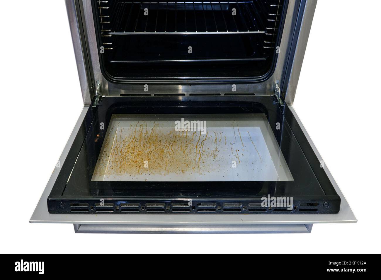 Dirty oven with grease on the glass, isolated on a white background ...