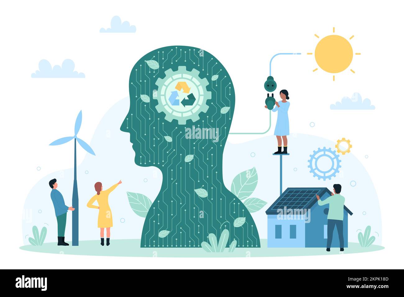 Green energy vector illustration. Cartoon tiny people connect plug and ...