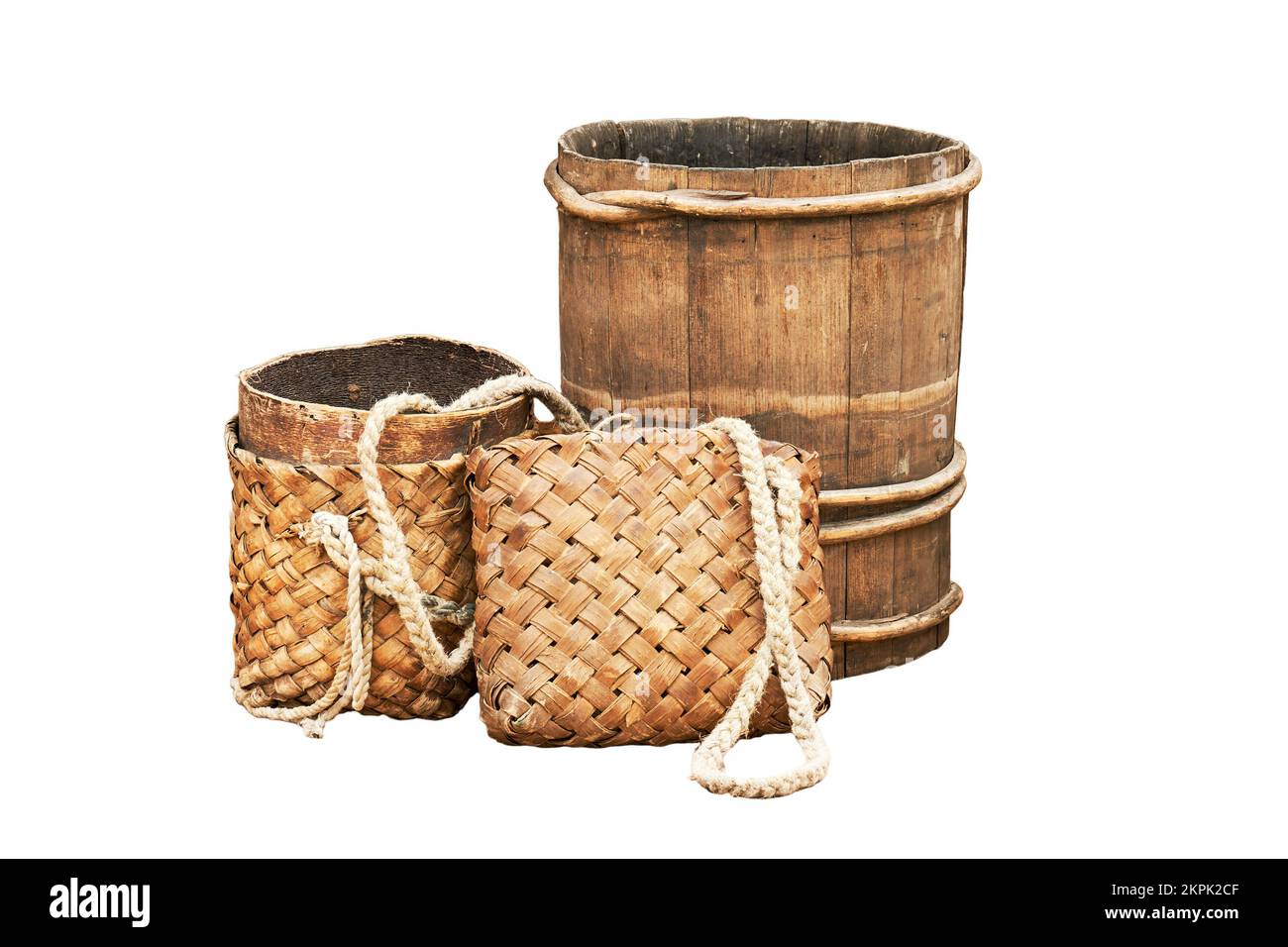 Retro bucket from planks and wicker old bag, isolated on a white ...