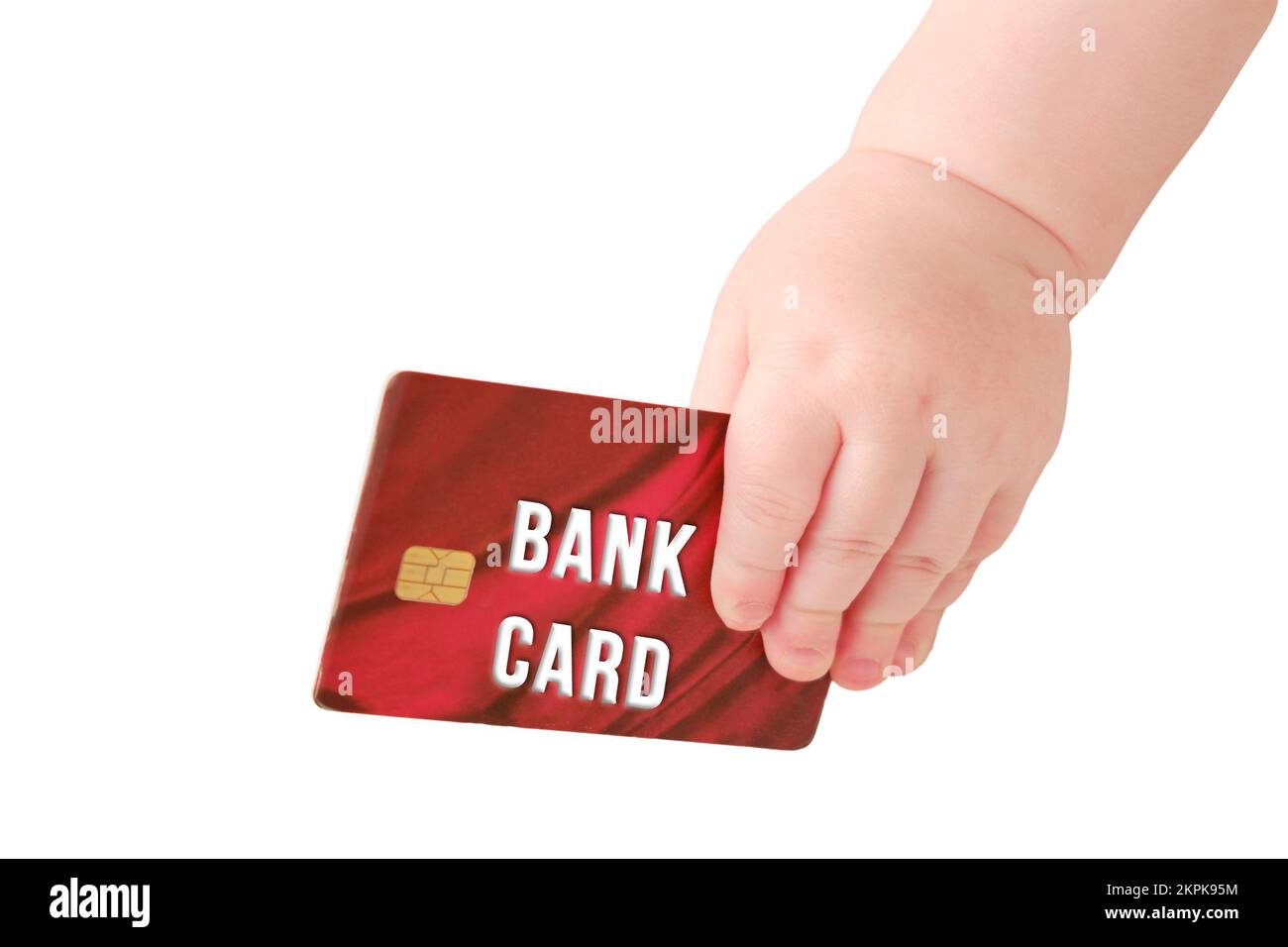 Baby toddler boy holds a credit card in his hand, isolated on a white ...