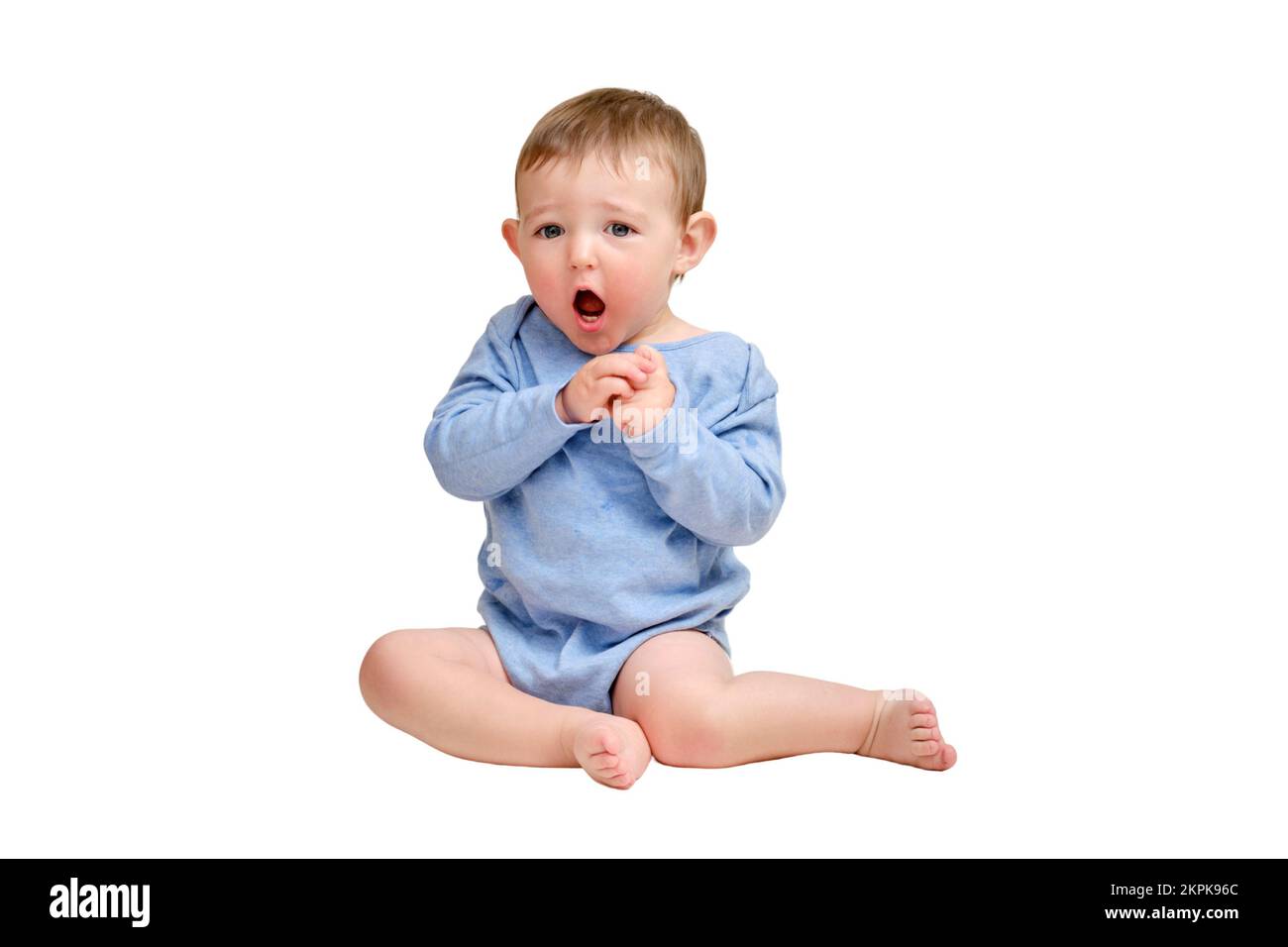 Scared of a toddler baby , isolated on a white background. Funny child ...