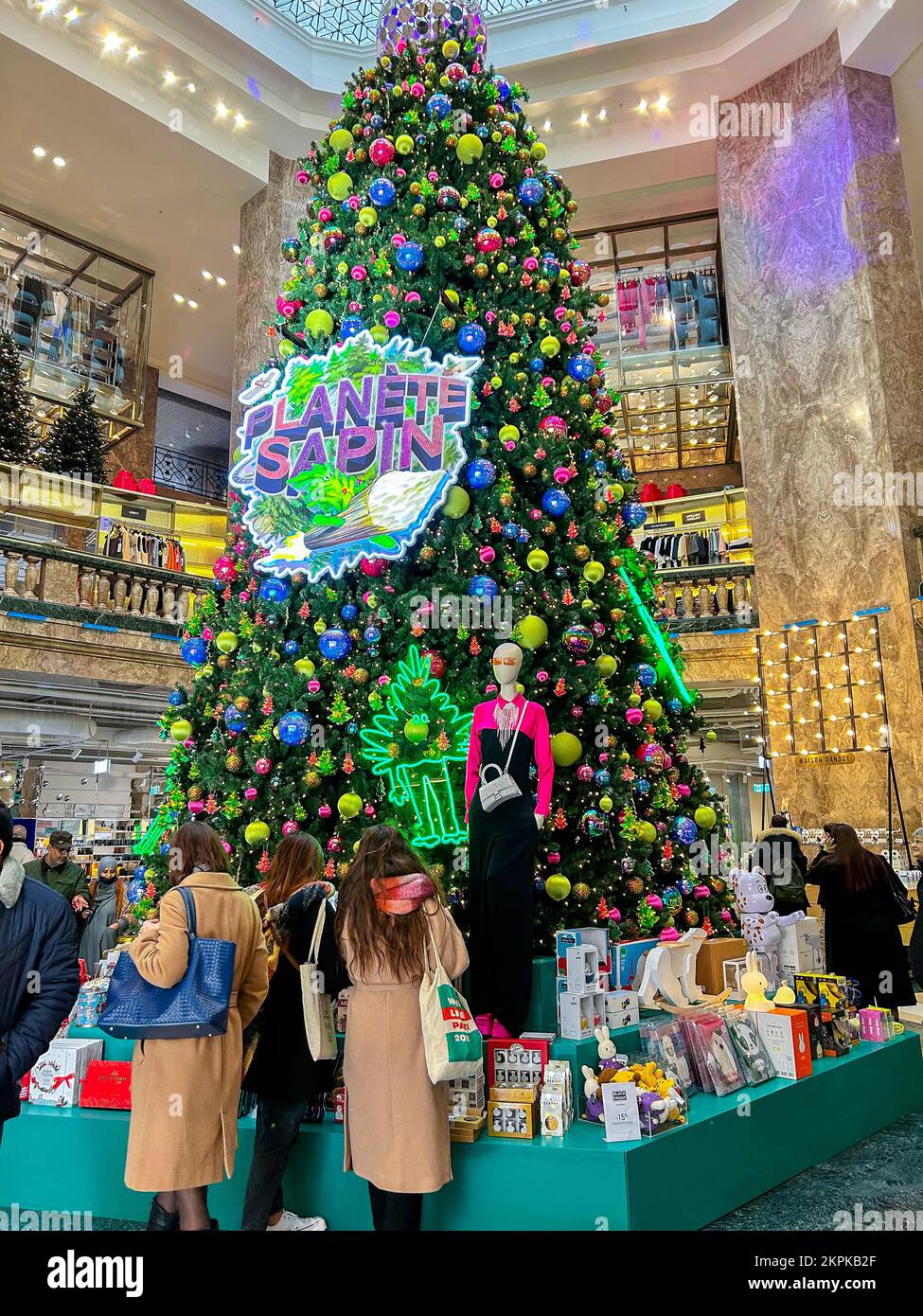 Paris, France, Large Christmas Tree on Display inside French Department ...