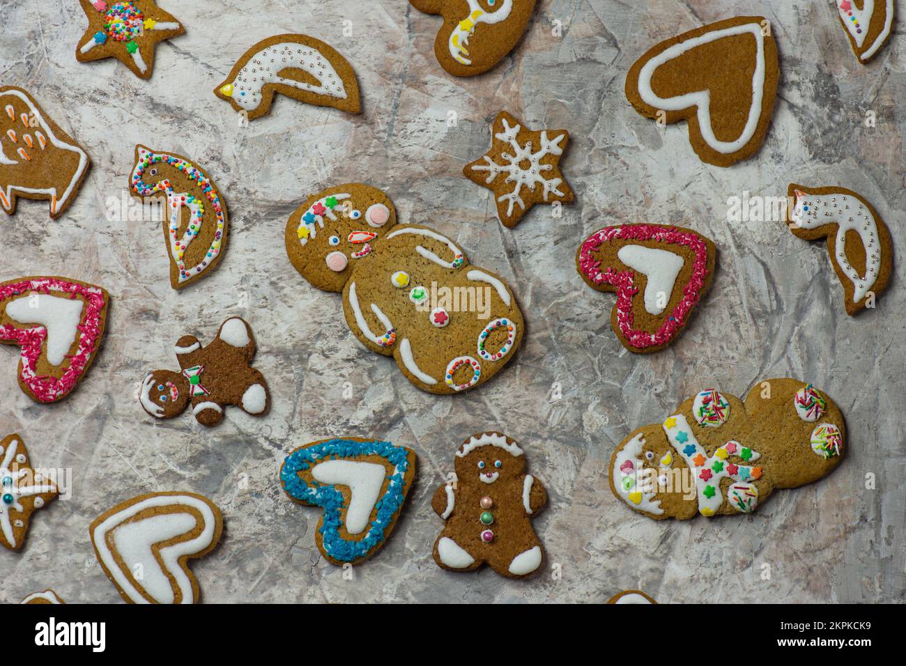 Homemade different delicious gingerbread cookies on table. Biscuits ...
