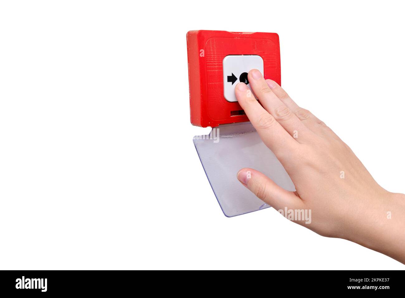 Woman reaches for the fire alarm, hand turns on the call button for ...