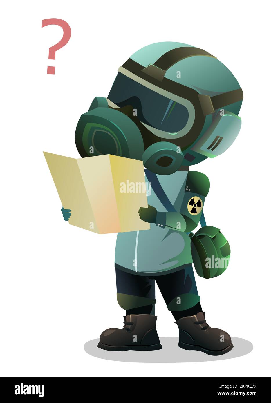 Man in gas mask looking for way on map. Character in chemical ...