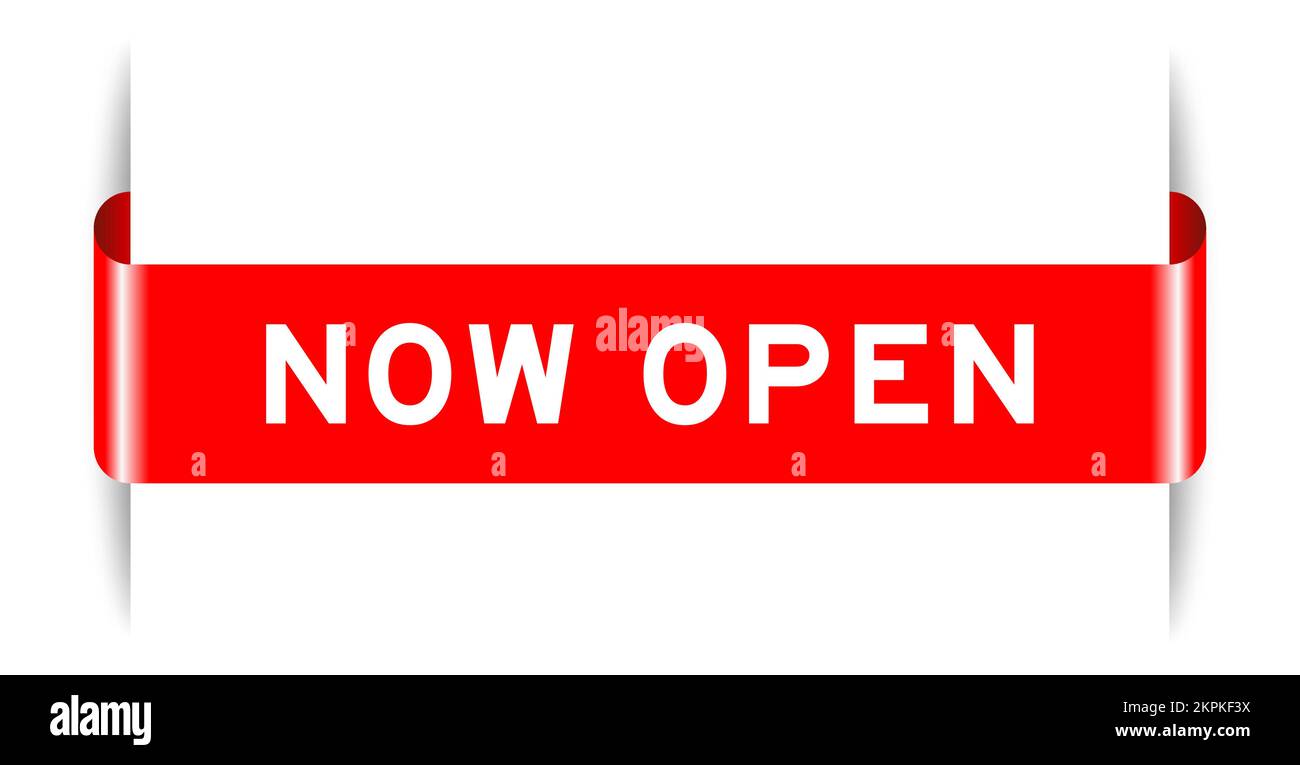 Red color inserted label banner with word now open on white background ...