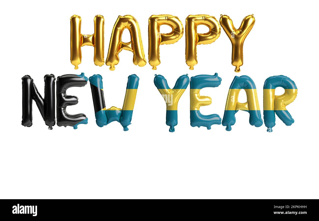 3d illustration of happy new year letter balloons with Bahamas flag ...