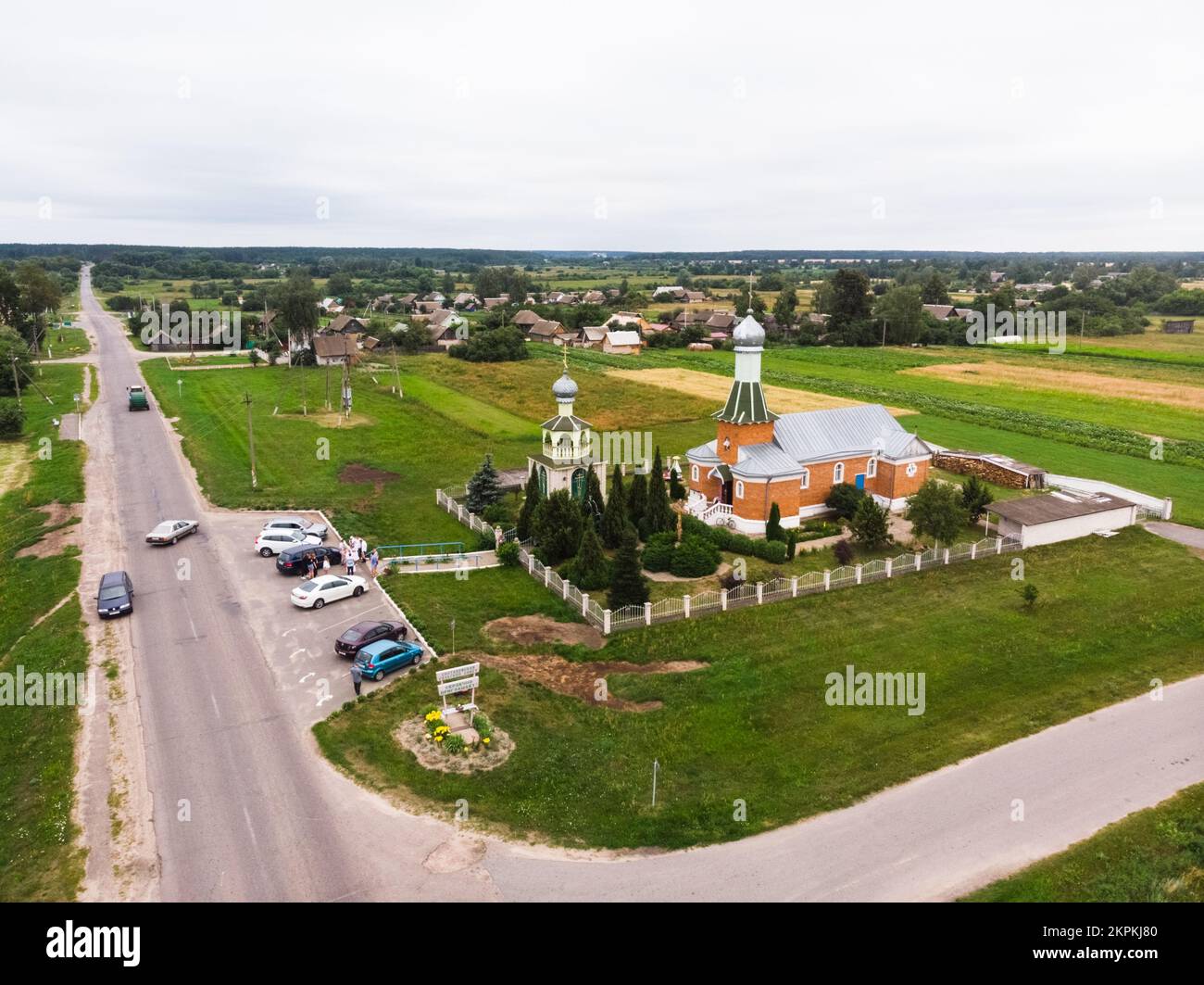 Religion concept. Rural Orthodox Church, top view. Aerial photography ...