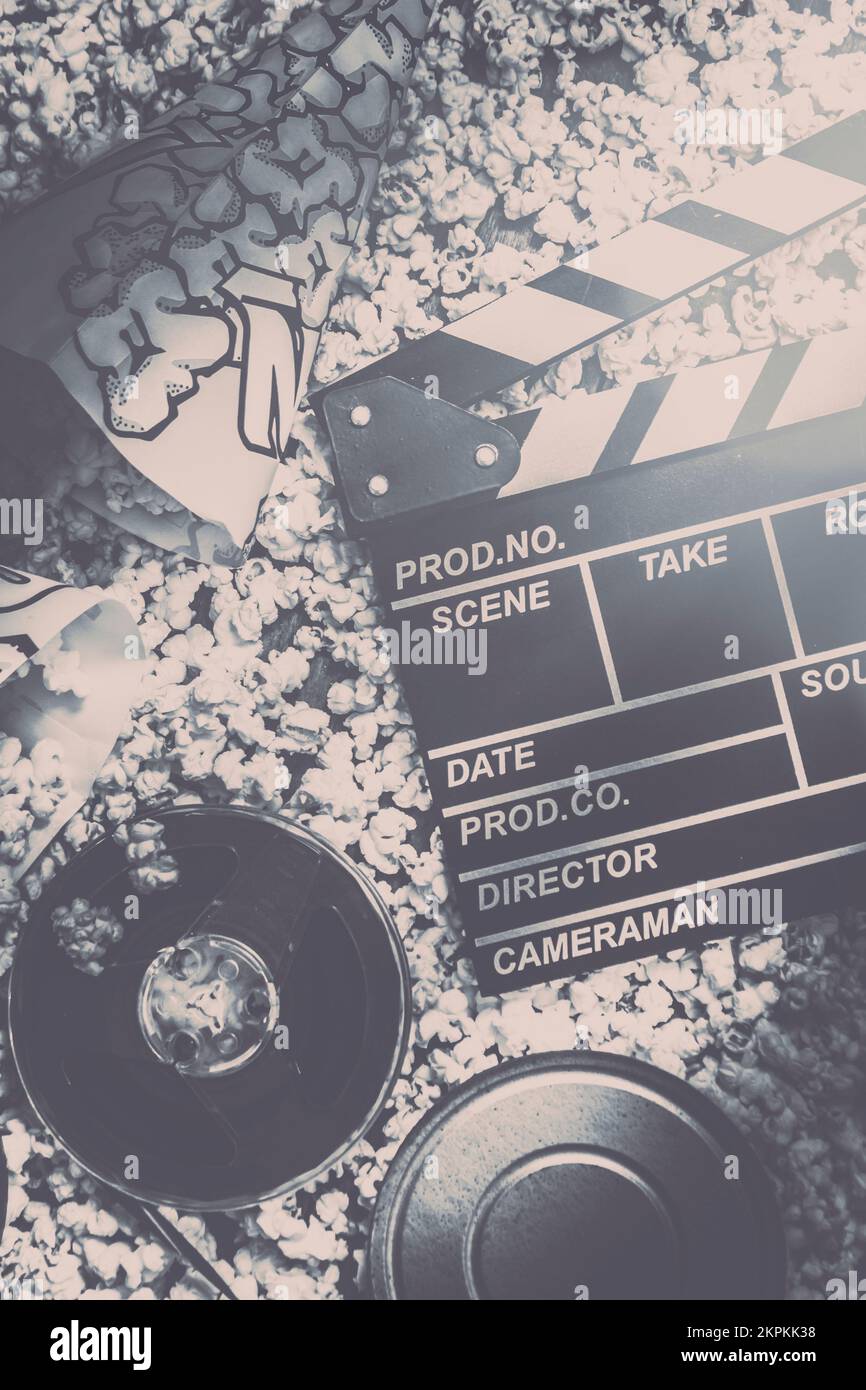 Old classic hollywood still life art on a mix of cinematography objects ...