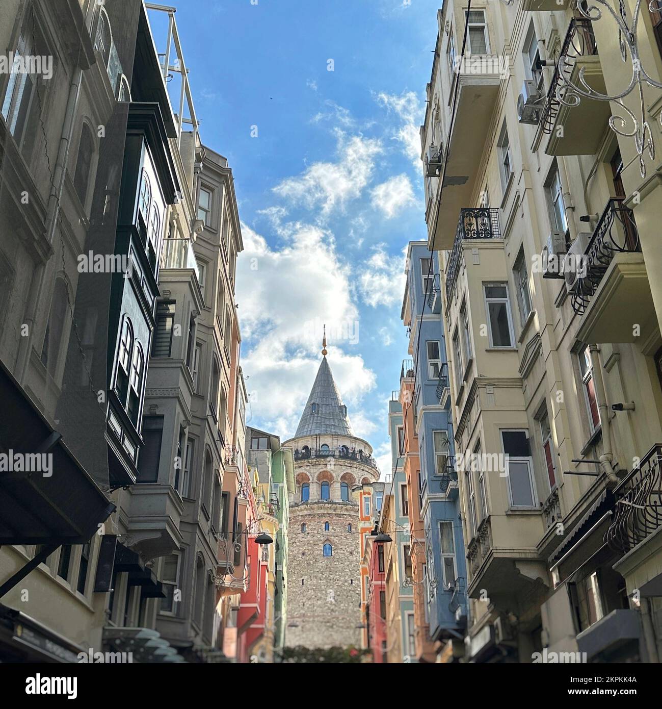 Galata Tower at the end of a road, Beyoglu, Istanbul, Turkey Stock ...