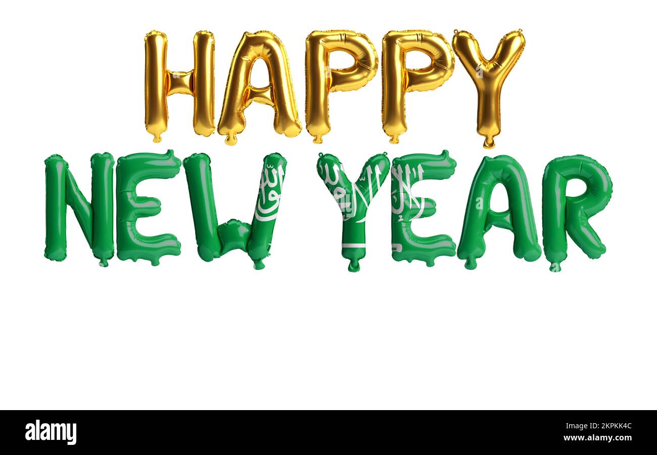 3d illustration of happy new year letter balloons with Saudi Arabia ...