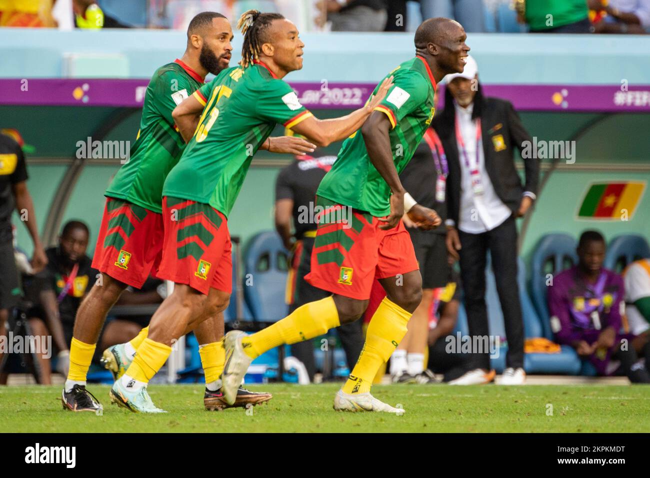 Vincent Aboubakar of Cameroon celebrates scoring with teammates during ...