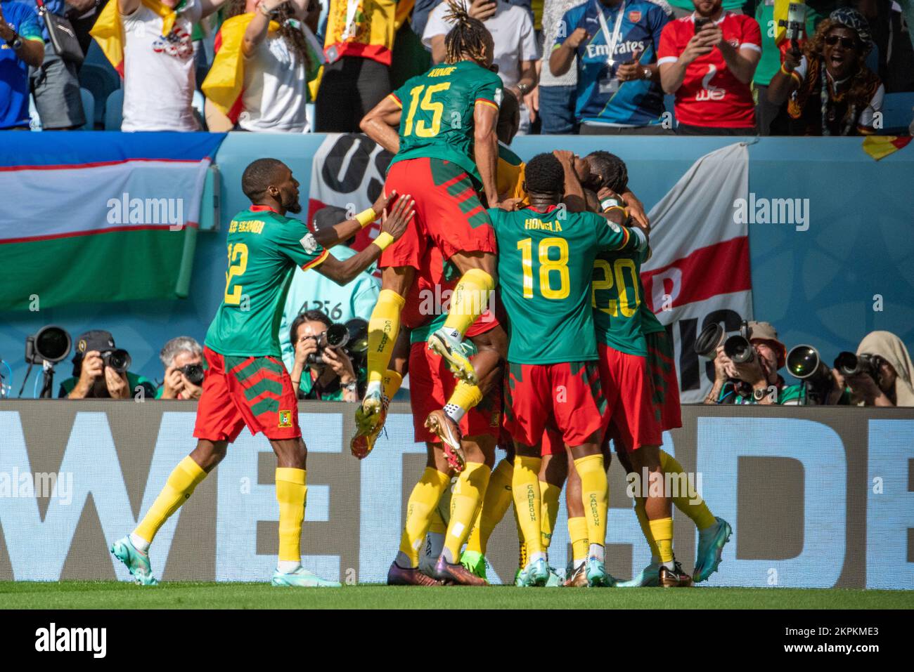 The Cameroonian players celebrate scoring during the FIFA World Cup ...