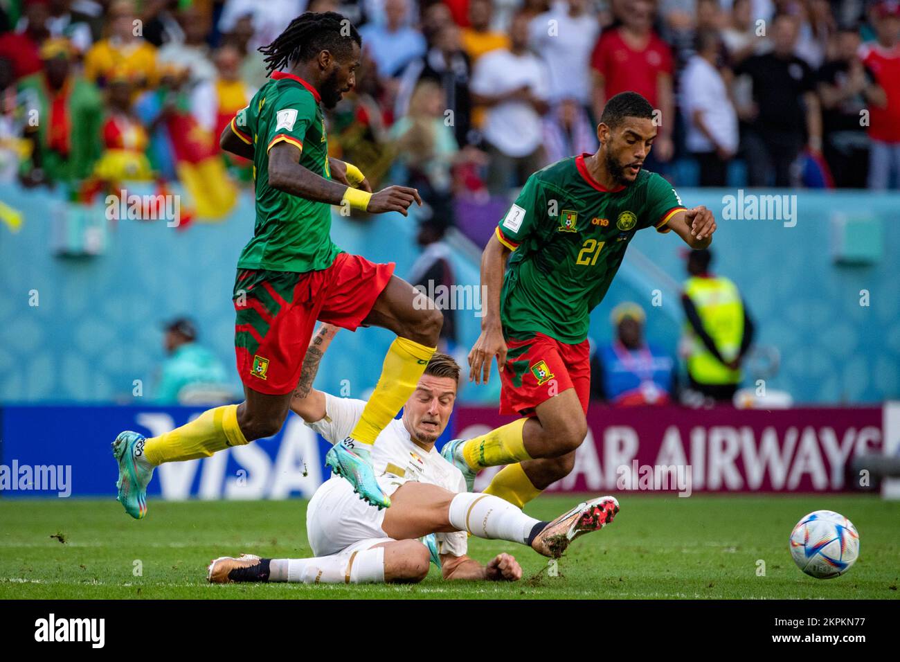 Sergej Milinkovic-Savic of Serbia fights for the ball with Jean-Charles ...