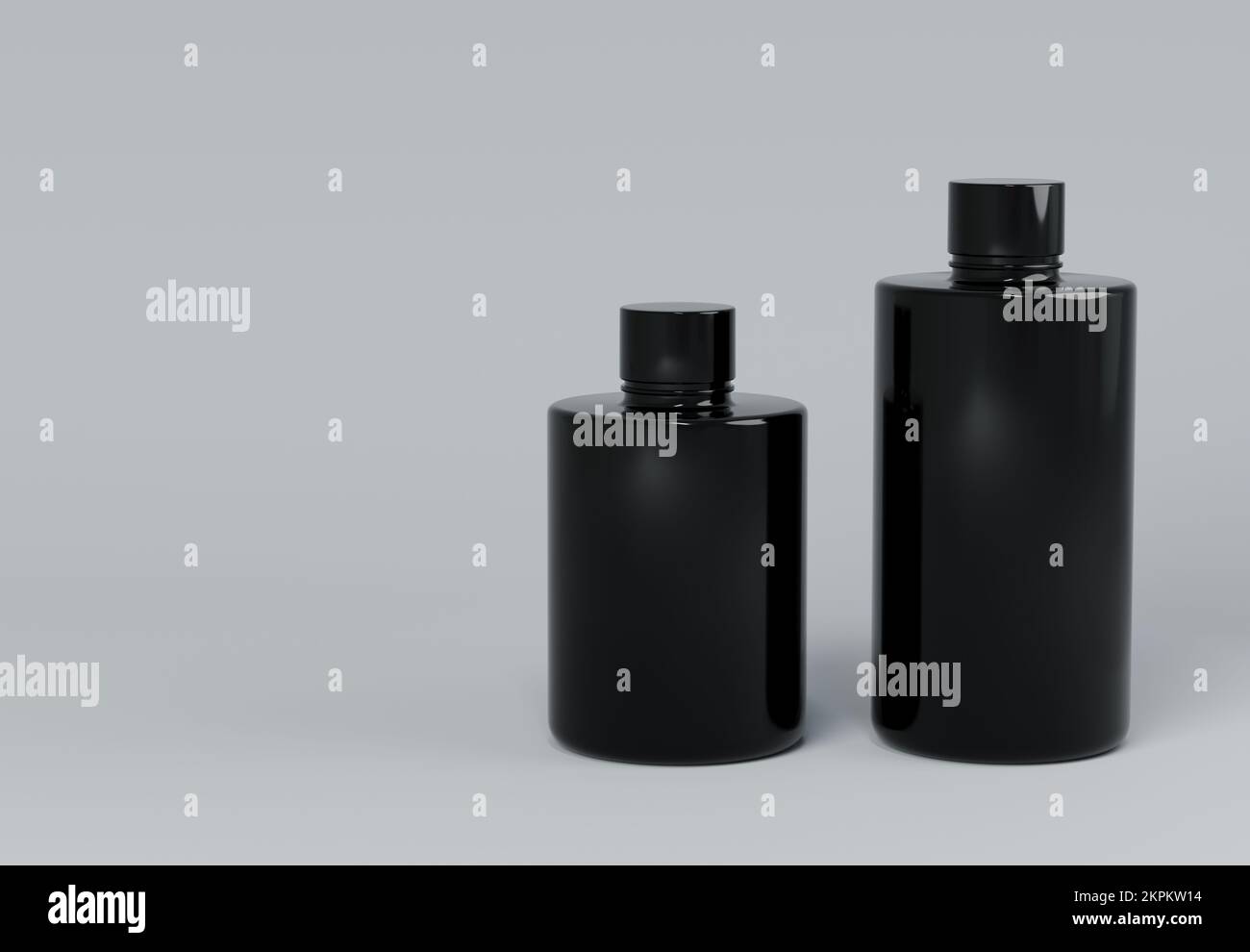 Two black plastic shampoo bottles standing on gray background 3D render ...