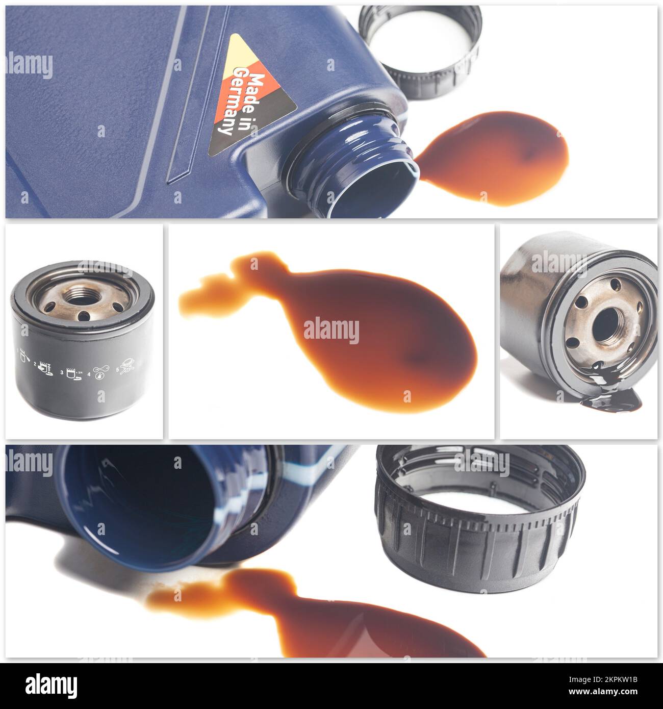 Collage with open engine oil bottle with a puddle of engine oil ...